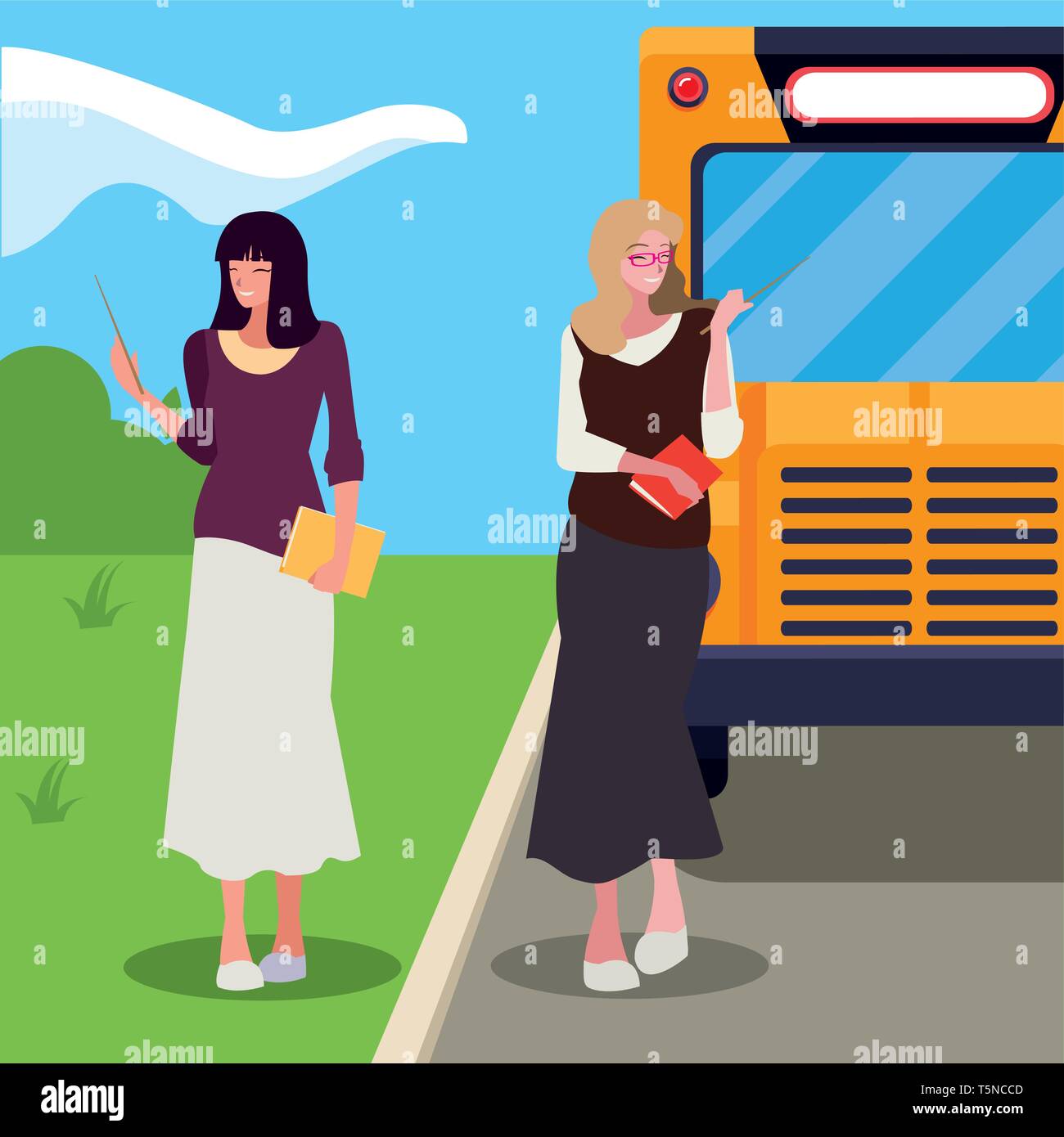 female teachers couple in stop bus characters vector illustration ...