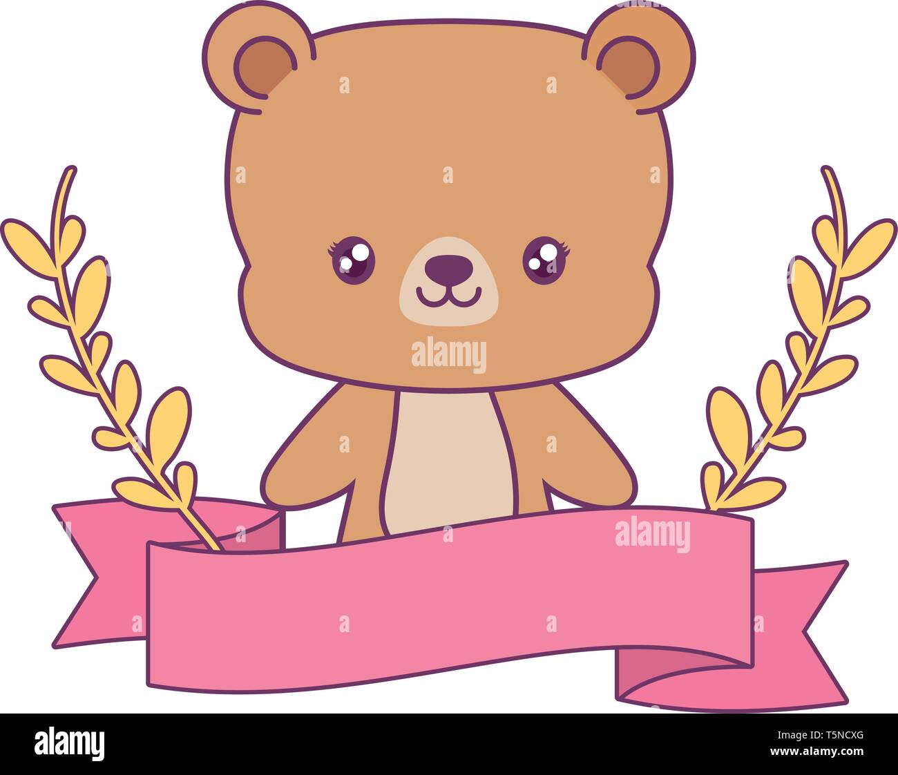 cute bear with ribbon and branches of leafs vector illustration design ...