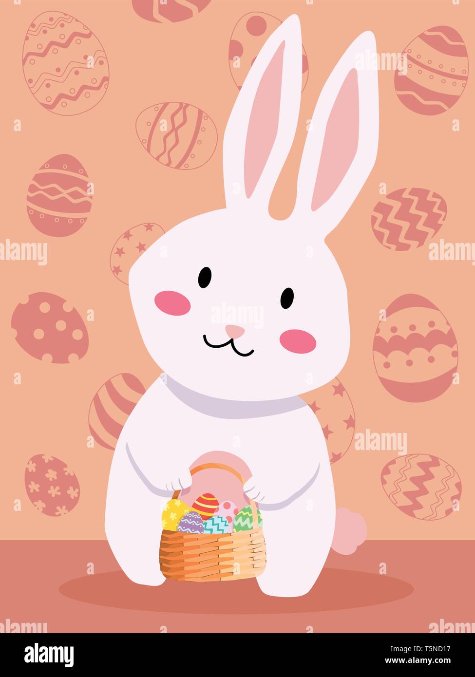 White rabbit holding easter egg basket on pink silhouette easter egg ...