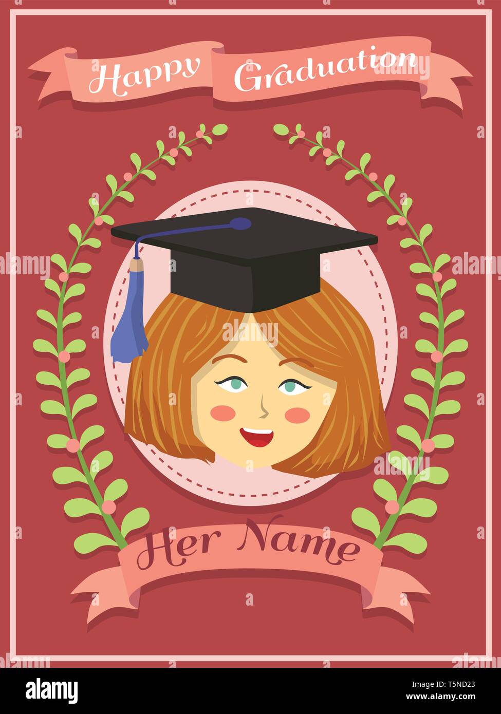 Happy Graduation greeting card with a woman girl on red background ...
