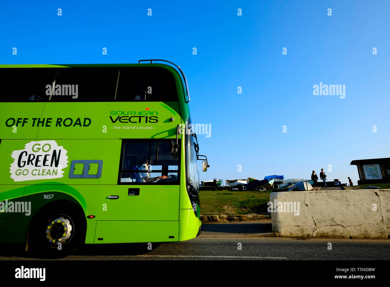 Vectis buses double decker bus passing Freshwater Bay promenade Stock ...