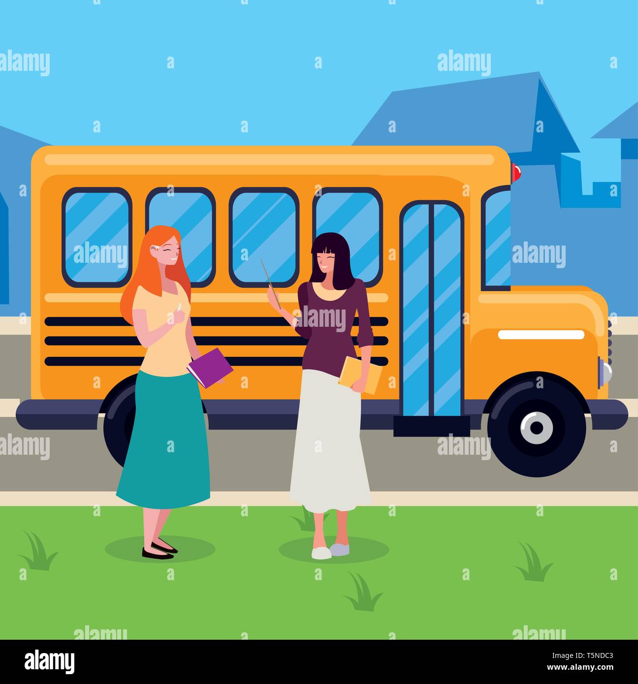female teachers couple in stop bus characters vector illustration ...