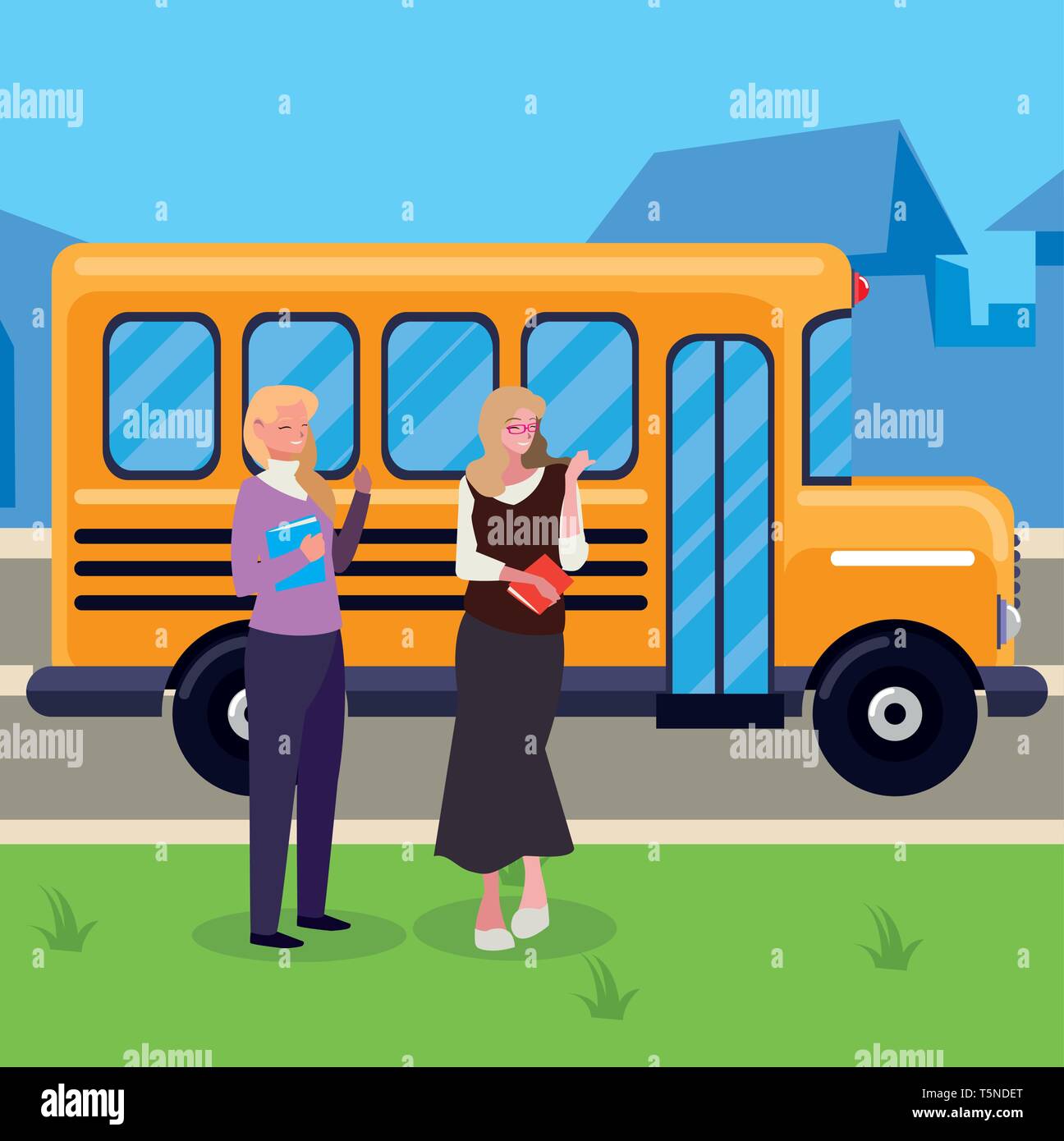 female teachers couple in stop bus characters vector illustration ...