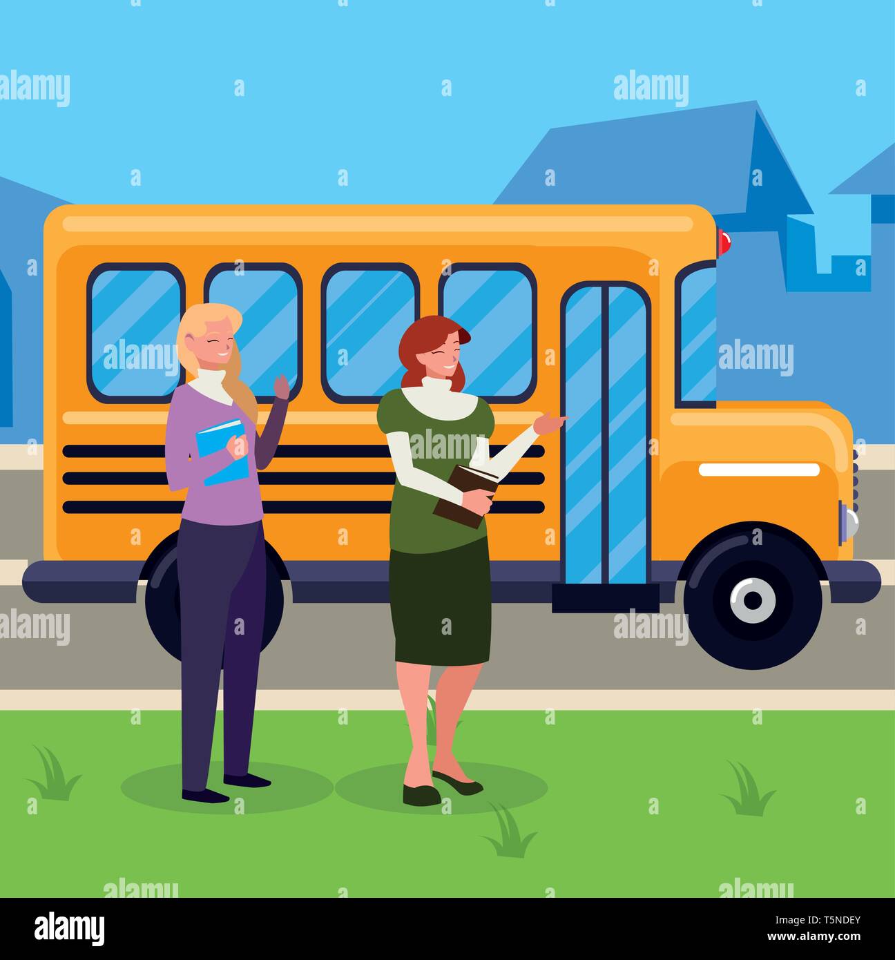 female teachers couple in stop bus characters vector illustration ...