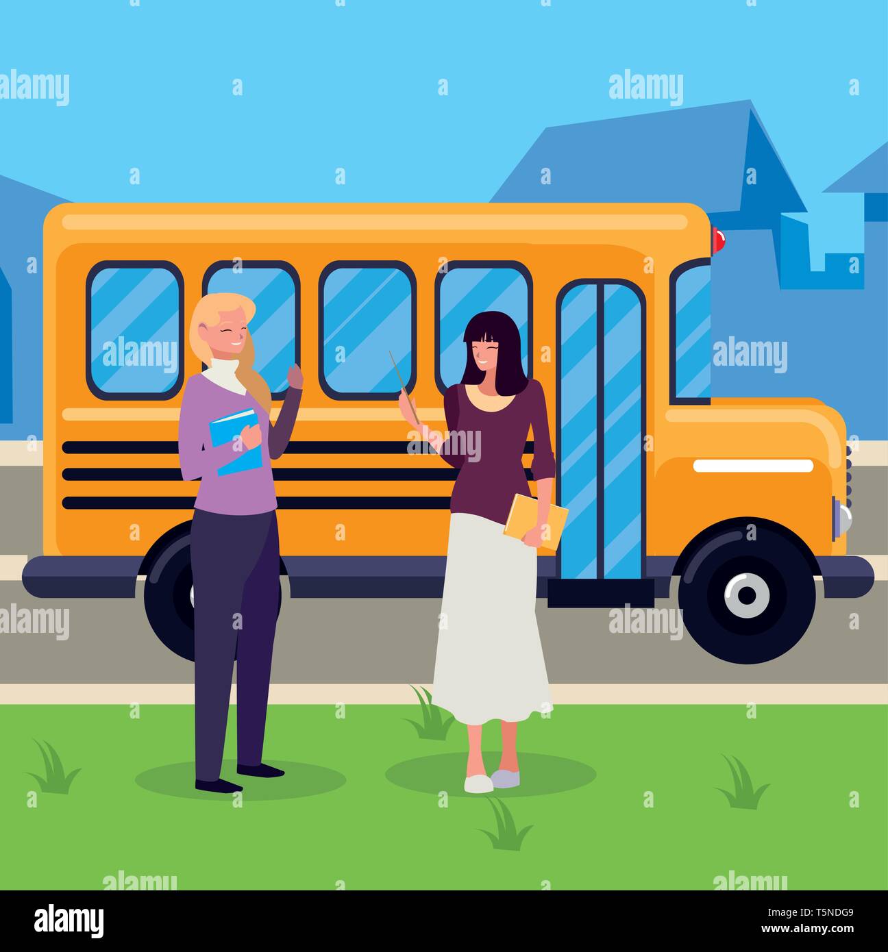 female teachers couple in stop bus characters vector illustration ...