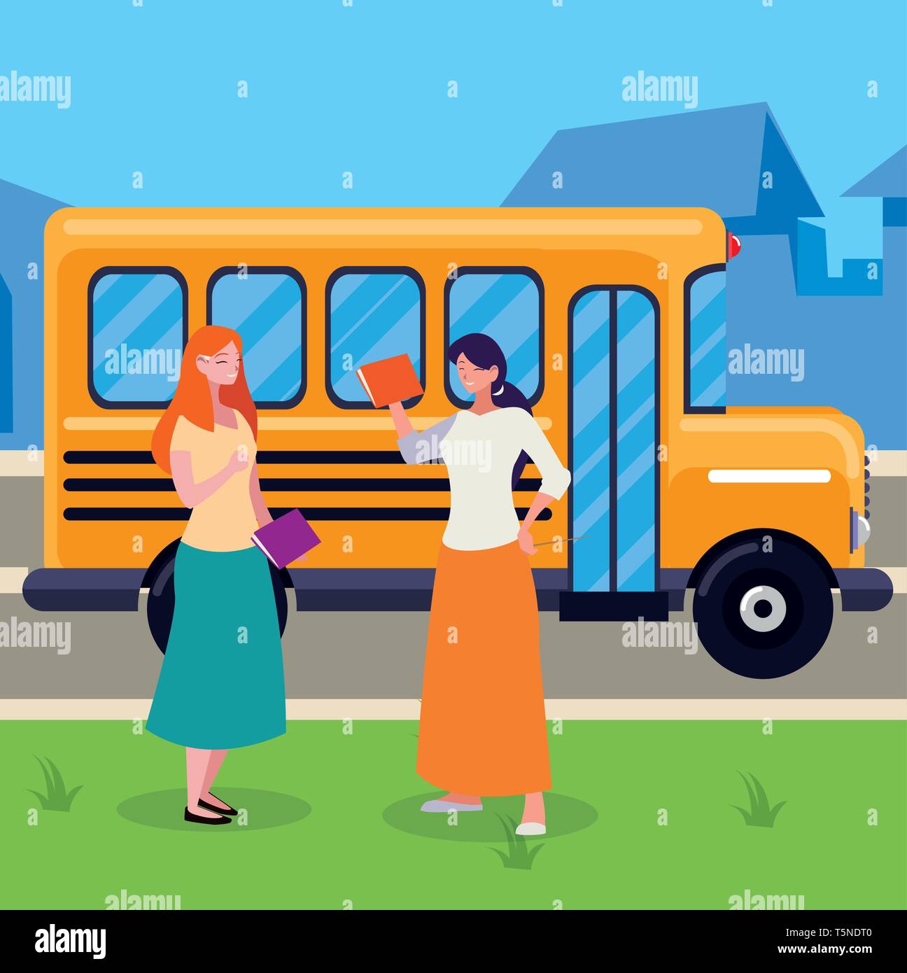 female teachers couple in stop bus characters vector illustration ...