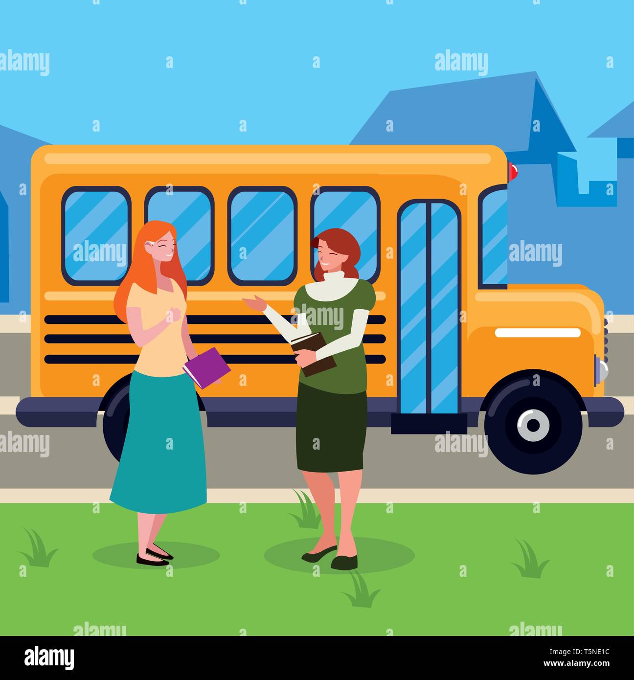 female teachers couple in stop bus characters vector illustration ...
