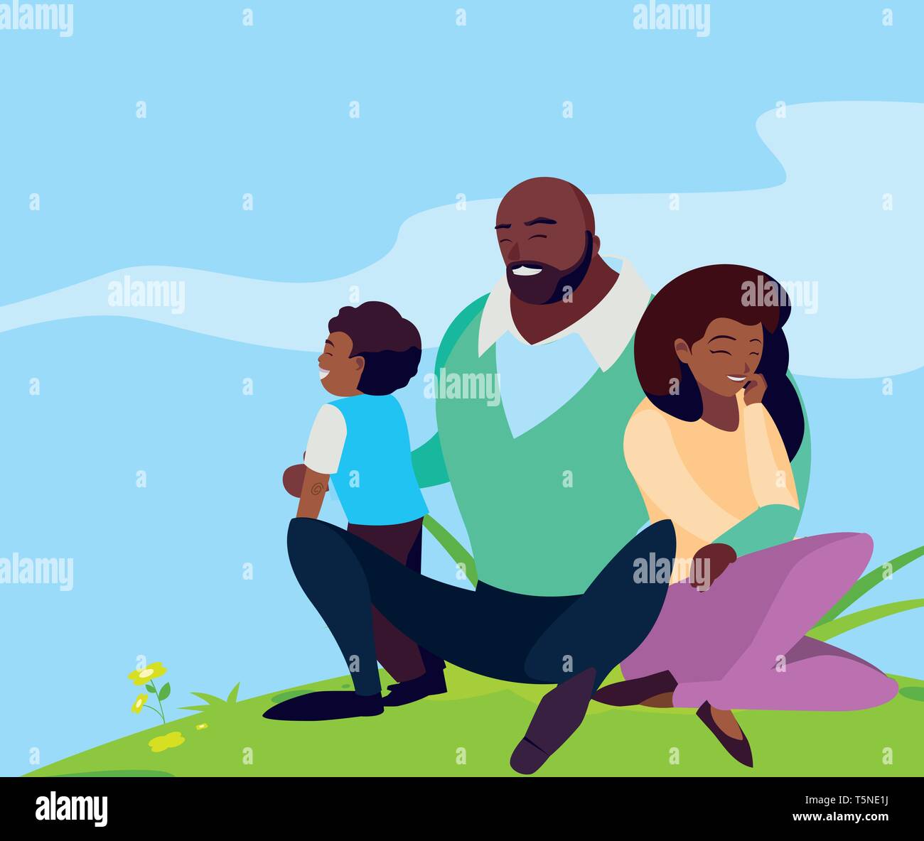 black parents couple with son in the landscape vector illustration ...
