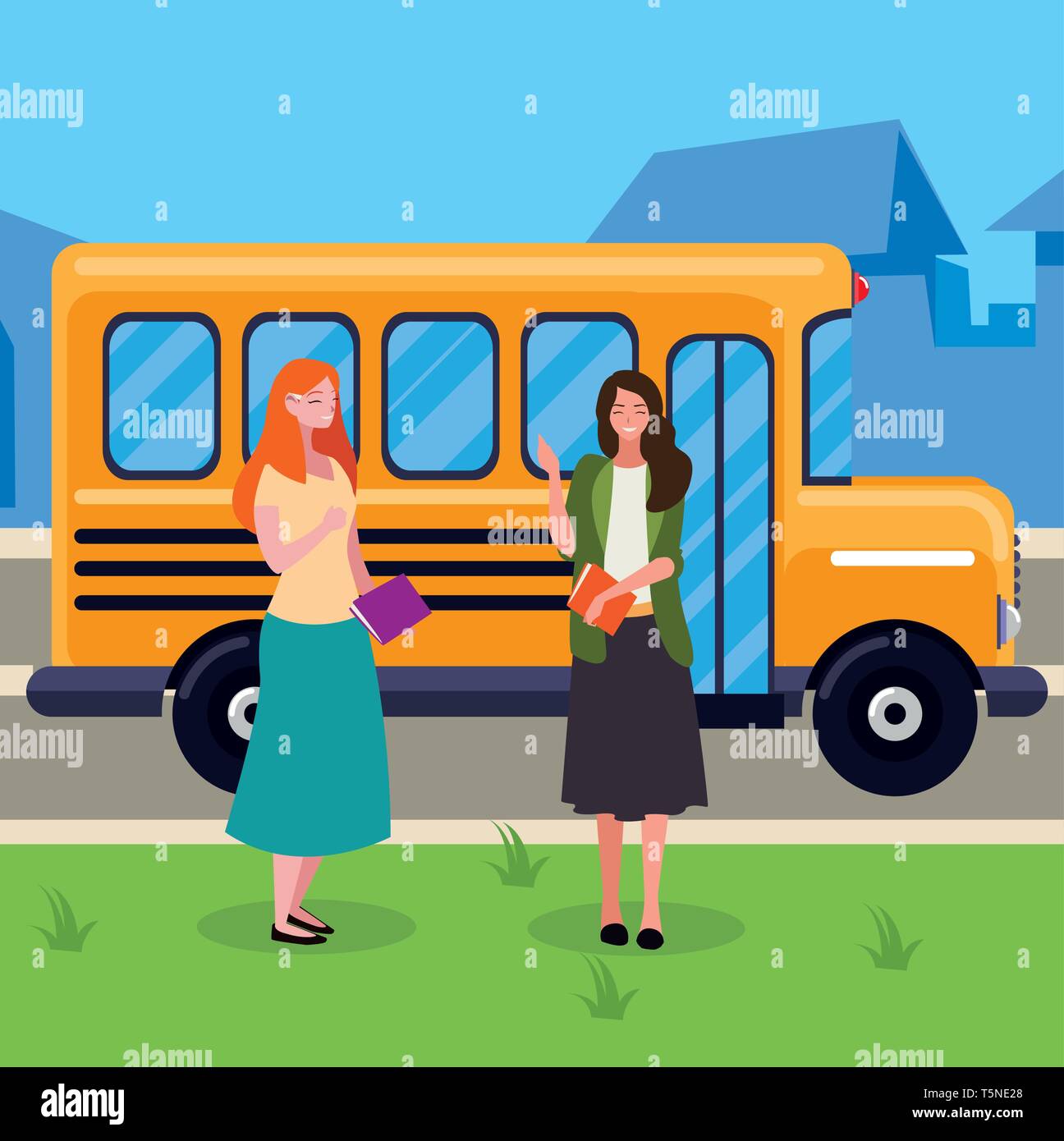 female teachers couple in stop bus characters vector illustration ...