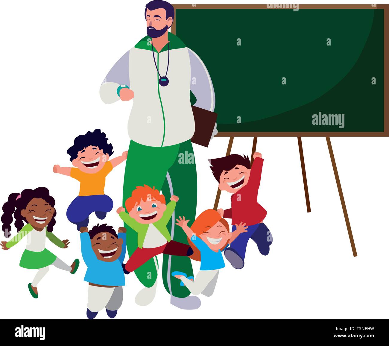 sports teacher with little students and chalkboard vector illustration ...