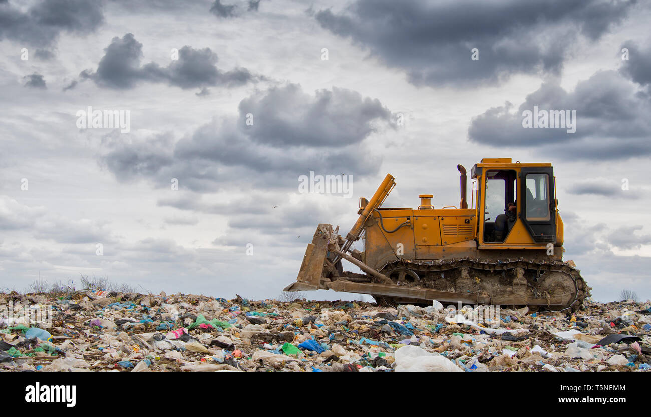 bulldozer working on landfill with birds in the sky Stock Photo - Alamy