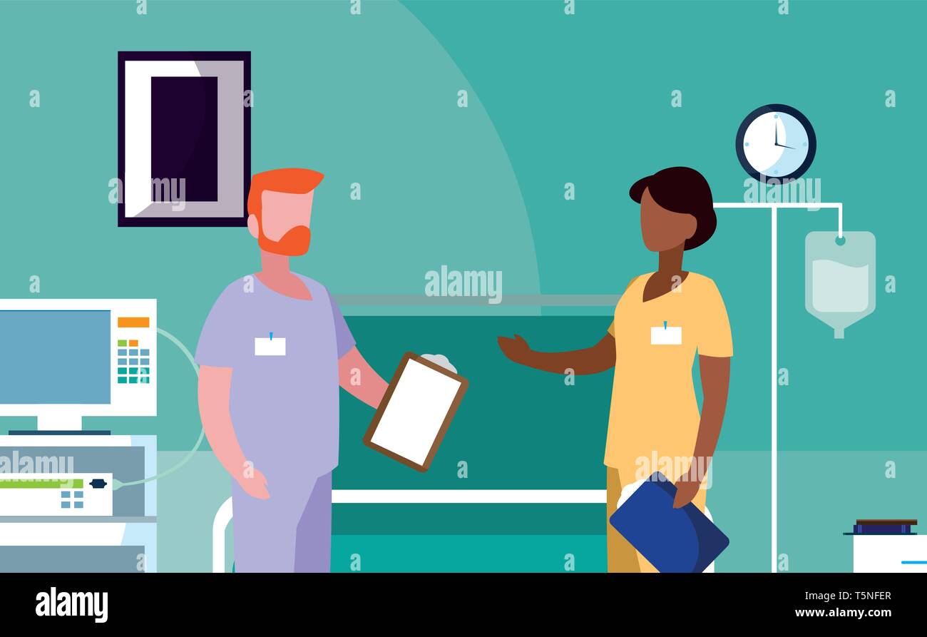 interracial couple medicine workers in operating theater vector ...