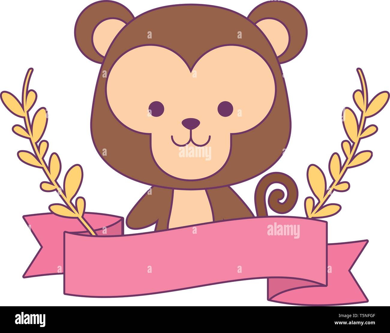 cute monkey with ribbon and branches of leafs vector illustration ...