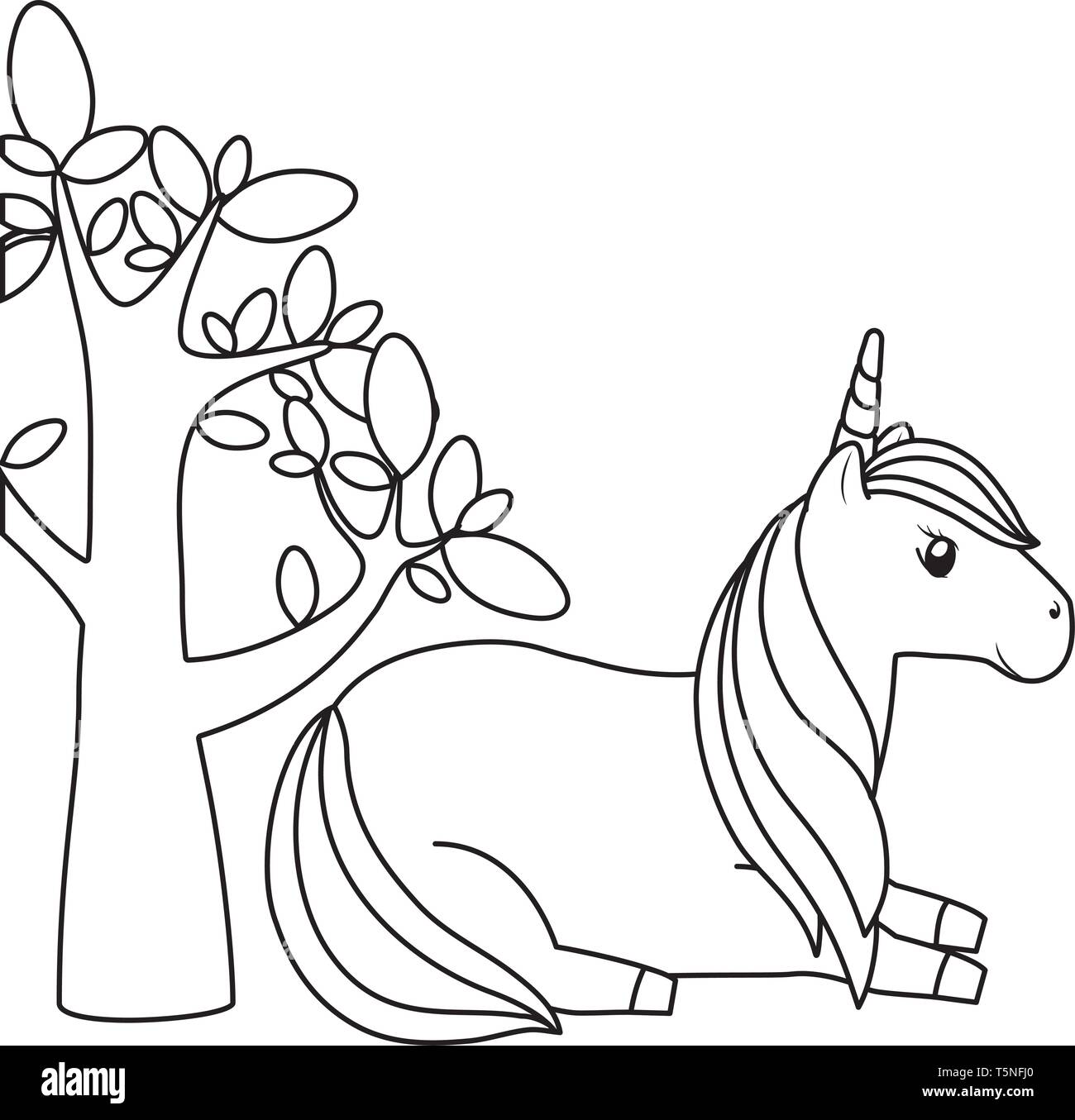 cute unicorn animal with tree plant vector illustration design Stock ...