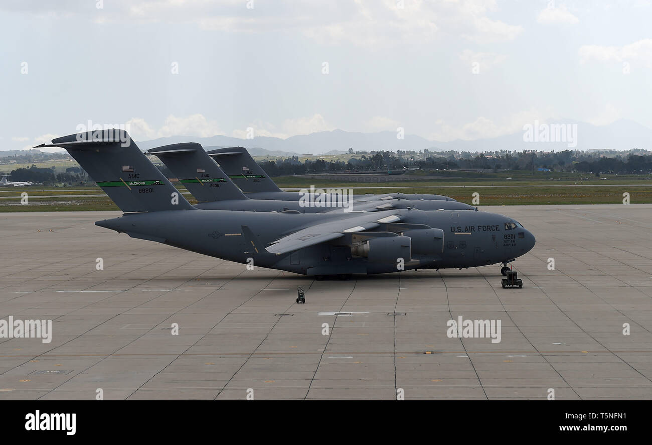 Three McChord C-17 Globemaster III aircraft sit on the March Air ...