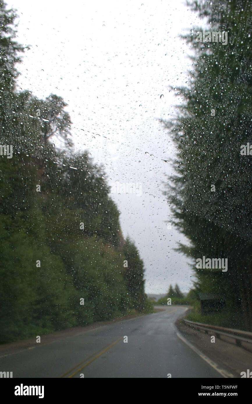 Shot taken from a car during a light rain. The sky is overcast and dark ...