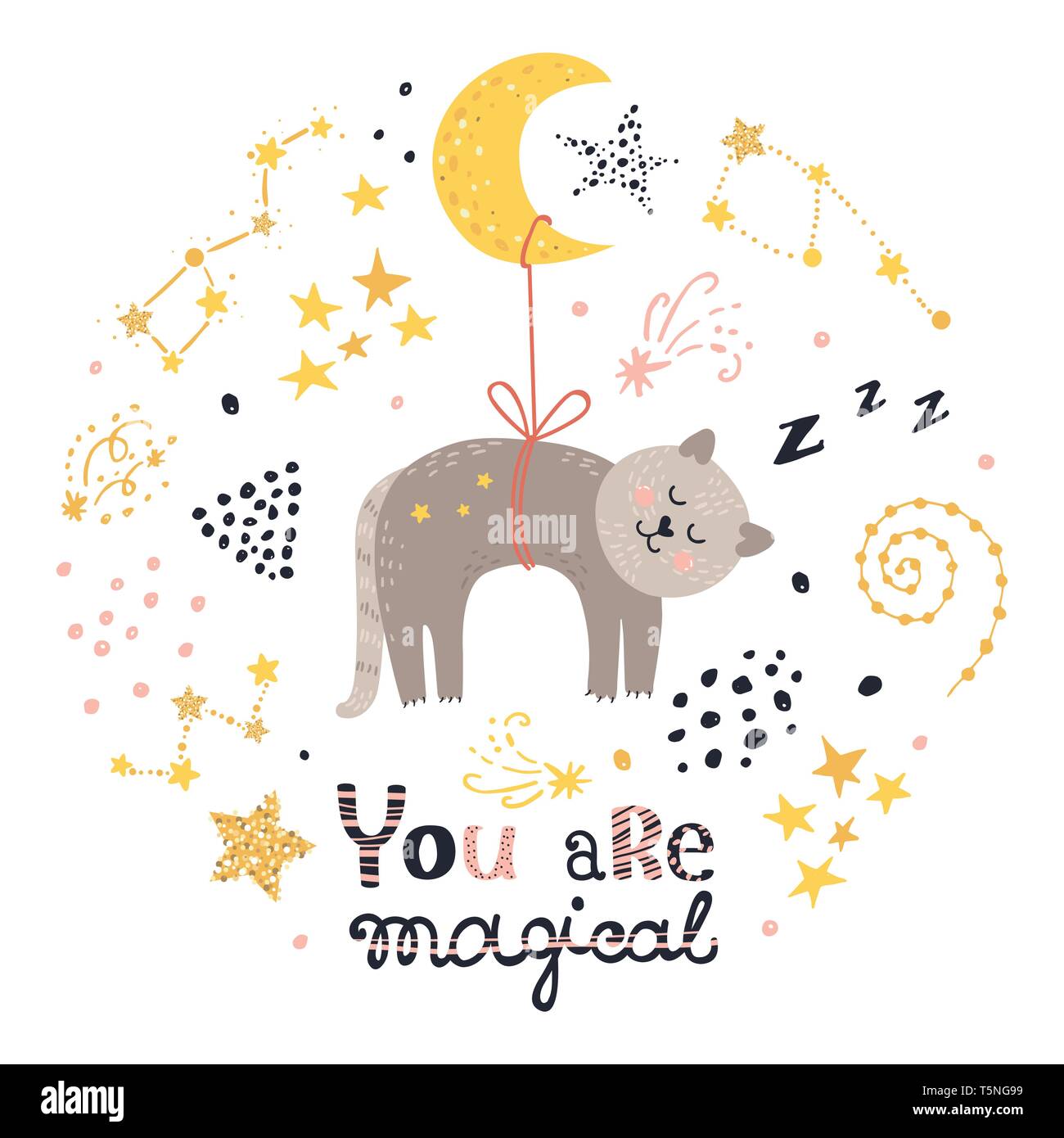 Poster with cat, stars and lettering. Vector illustration for your ...