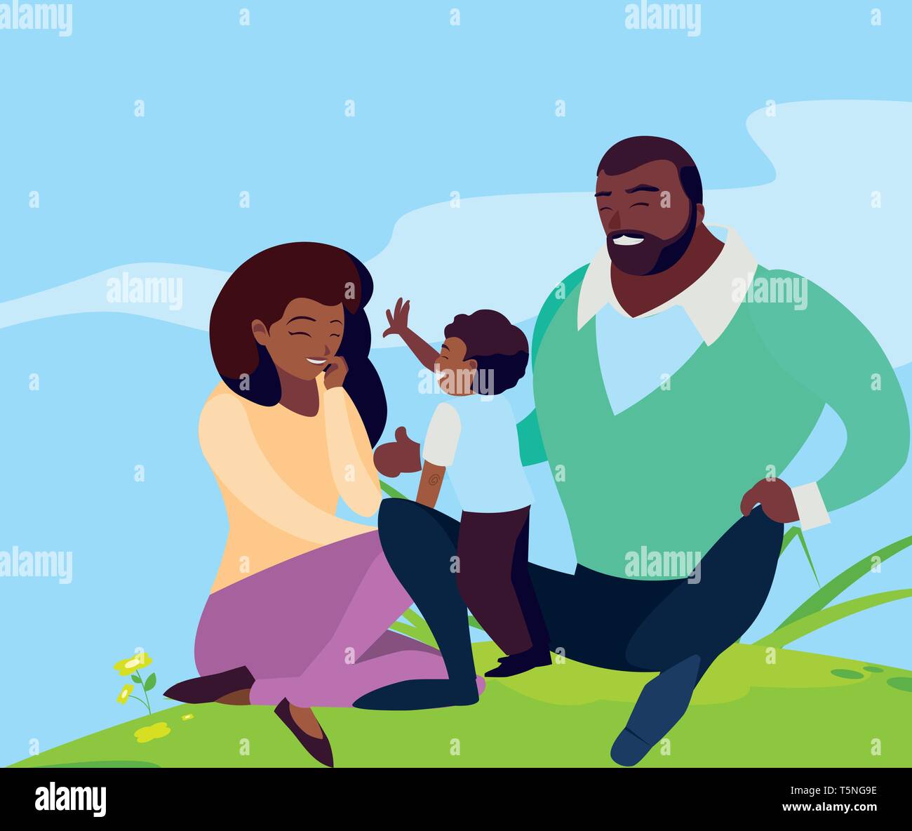black parents couple with son in the landscape vector illustration ...
