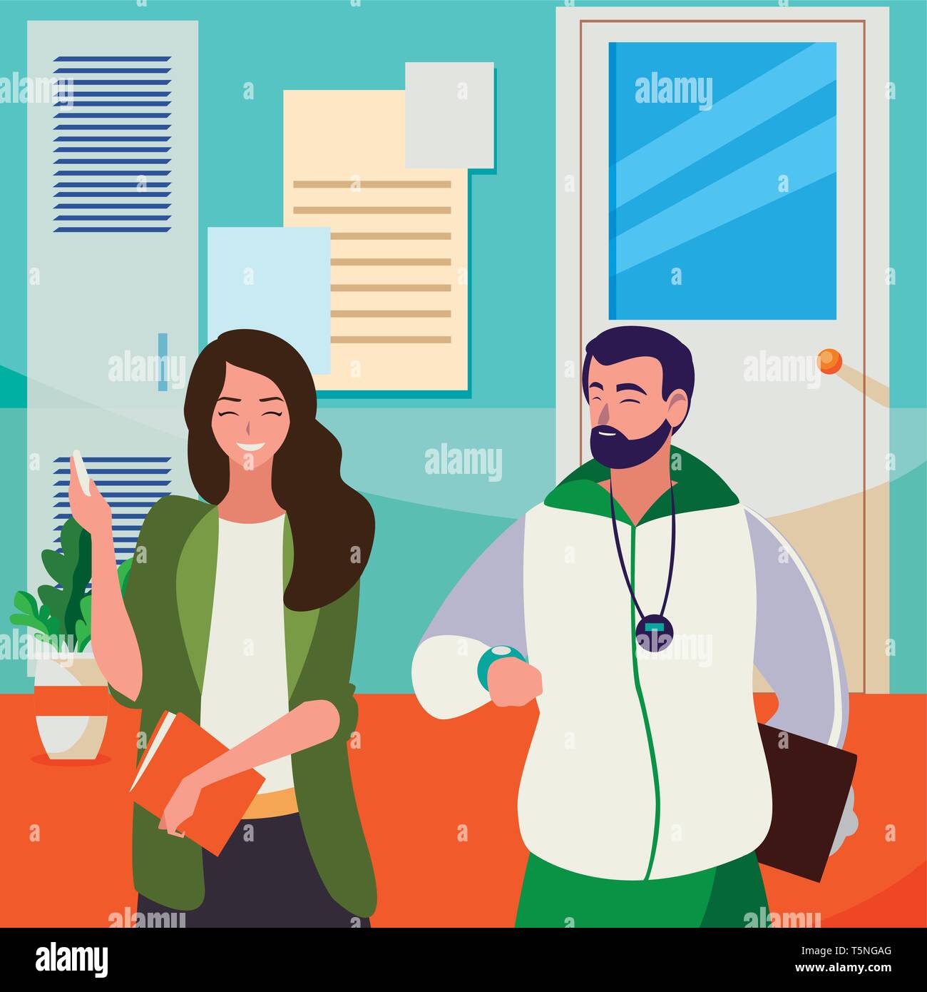 sports and female teachers in the school corridor vector illustration ...