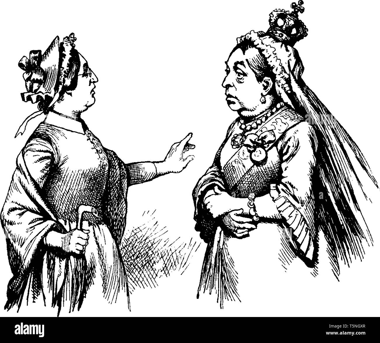 Two women talking and one of them holding umbrella, vintage line ...