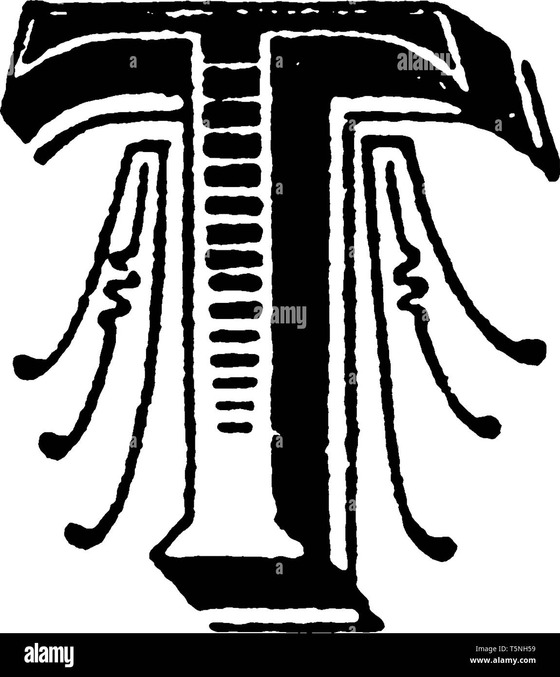 A capital letter T with lines and shading, vintage line drawing or ...