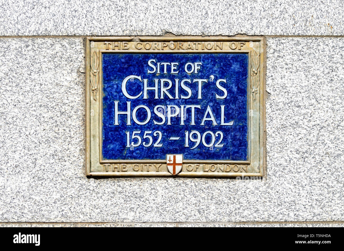 London, England, UK. Commemorative Blue Plaque: Site of Christ's ...