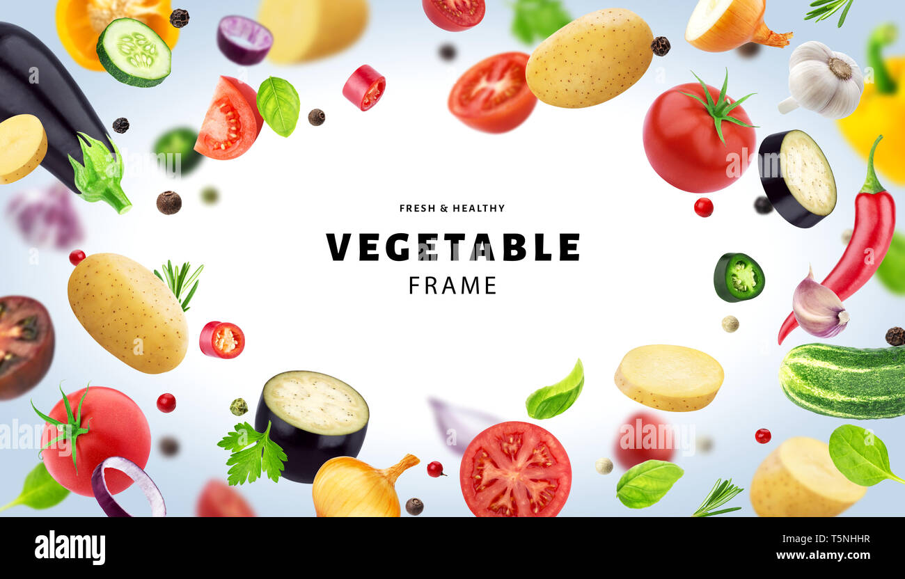 Vegetable isolated on white background, frame made of different flying ...