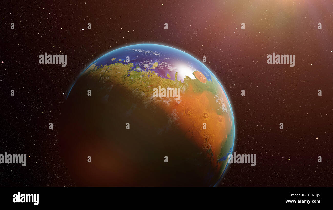 sunrise over terraformed Mars, plants and oceans on the red planet ...