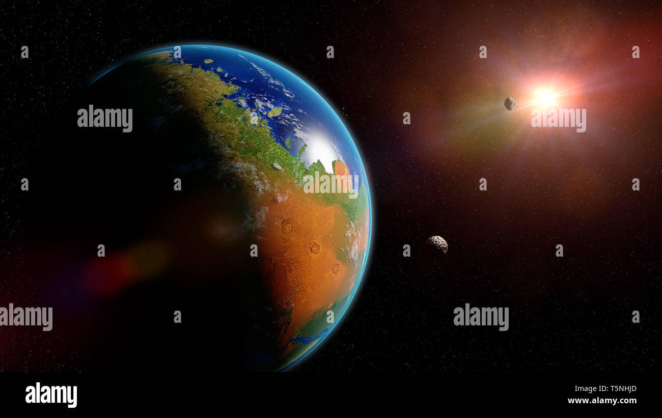 sunrise over terraformed Mars, plants and oceans on the red planet ...