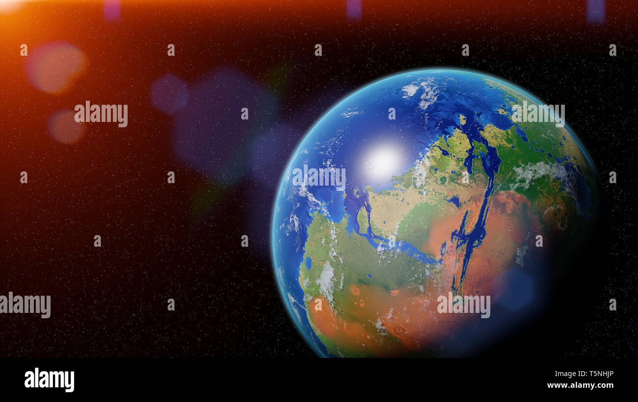 sunrise over terraformed Mars, plants and oceans on the red planet ...
