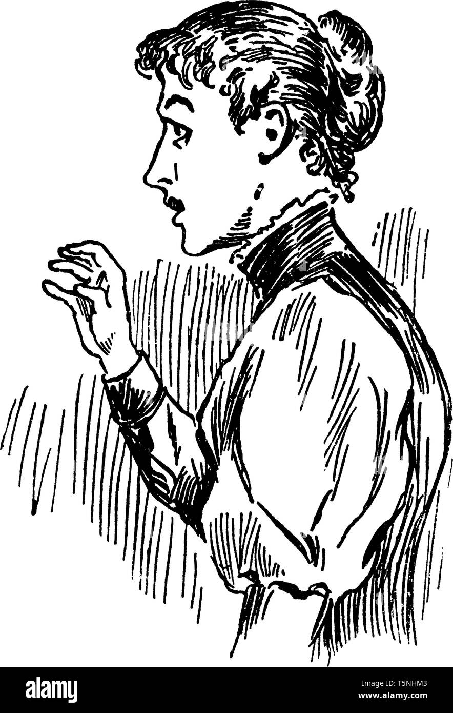 A woman talking and gesturing with her hands, vintage line drawing or ...