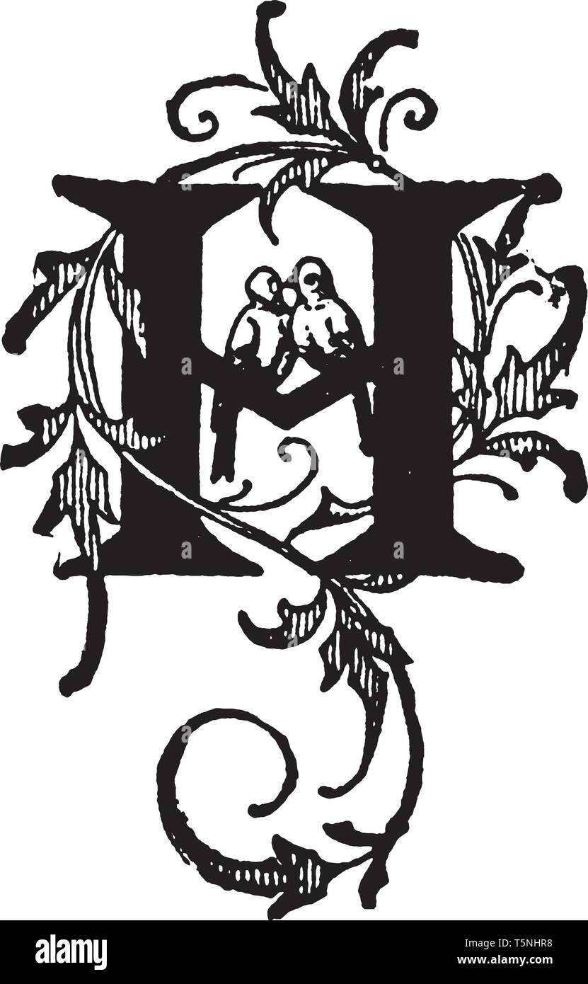 A floral capital letter H, vintage line drawing or engraving ...