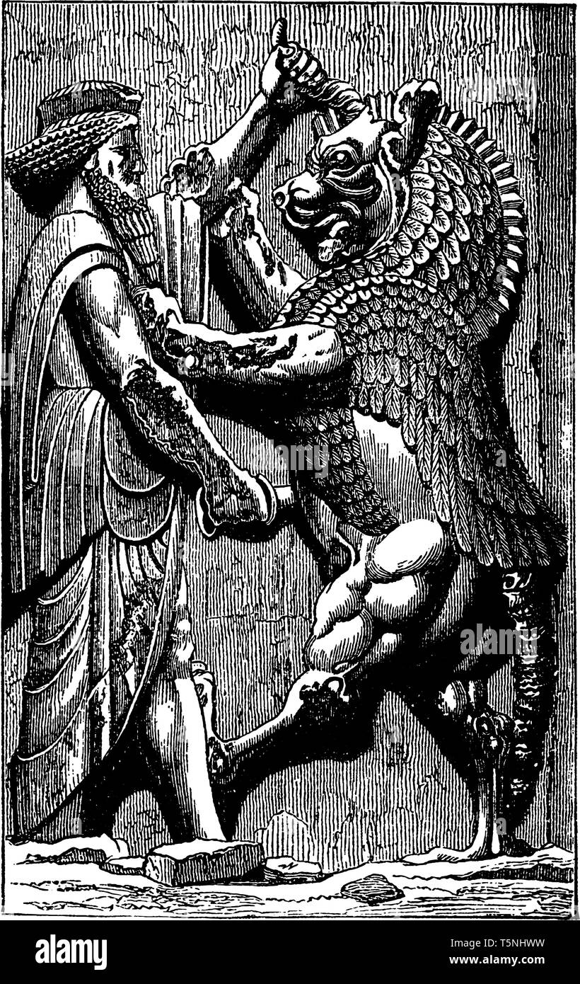 This illustration represents King in Combat with Monster, vintage line ...