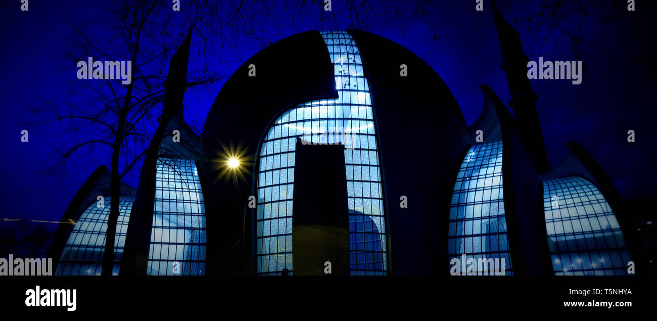 Central Mosque in Cologne Ehrenfeld illuminated Stock Photo - Alamy