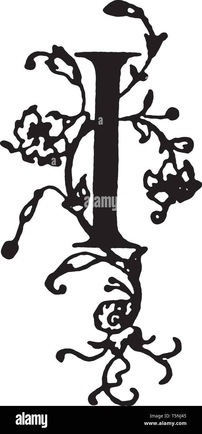 A floral and decorative capital letter I, vintage line drawing or ...