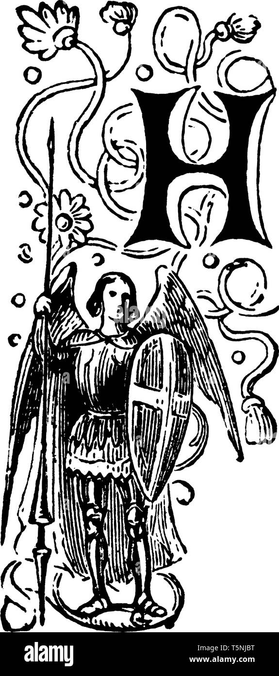 A decorative capital letter H with an angel holding a spear and shield ...