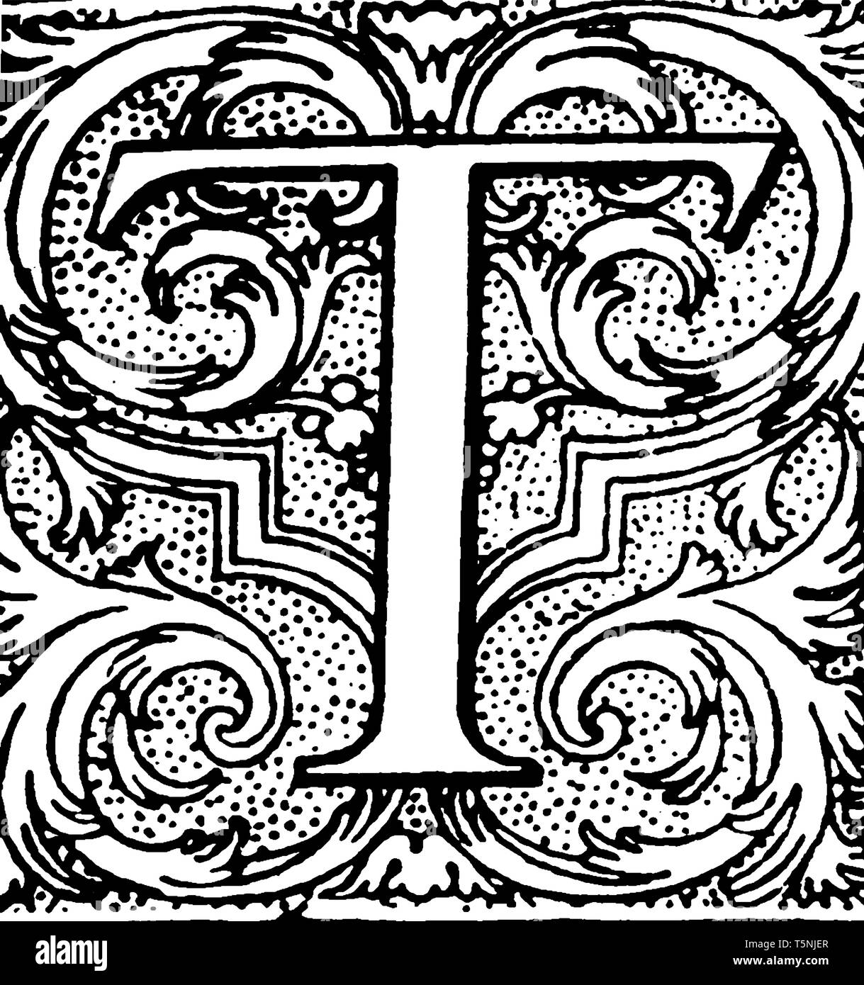 An ornamental and floral capital letter I, vintage line drawing or ...