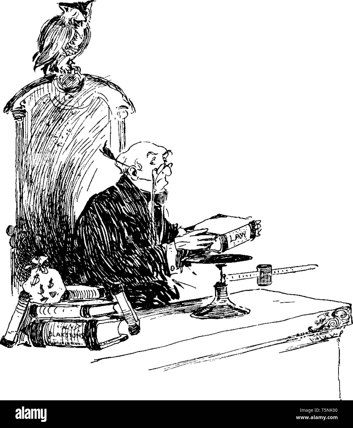 A judge putting a law book on a scale, vintage line drawing or ...