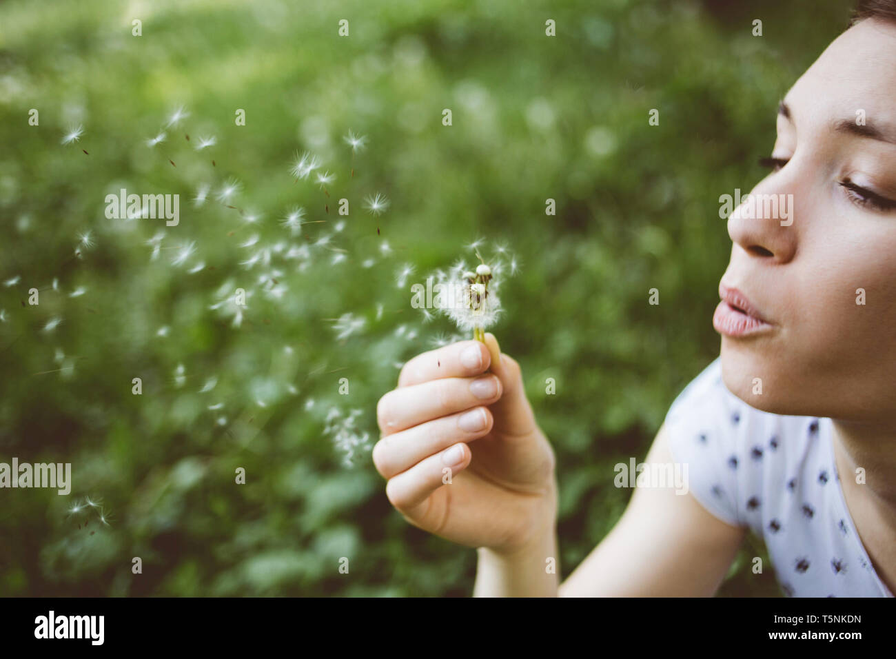 Girl blowing dandelion seed hi-res stock photography and images - Alamy