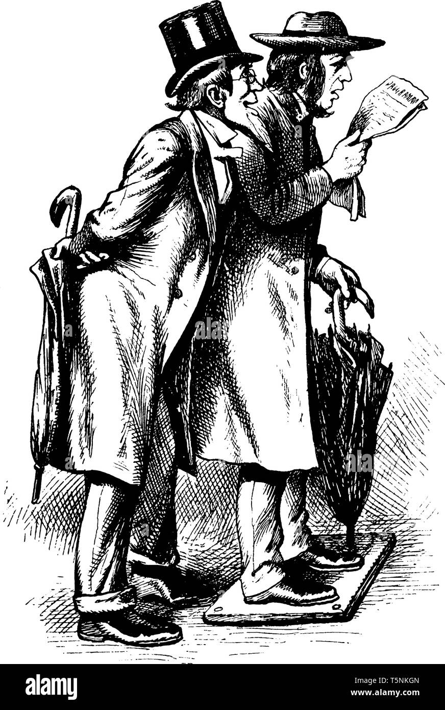 Two men reading newspaper, vintage line drawing or engraving ...
