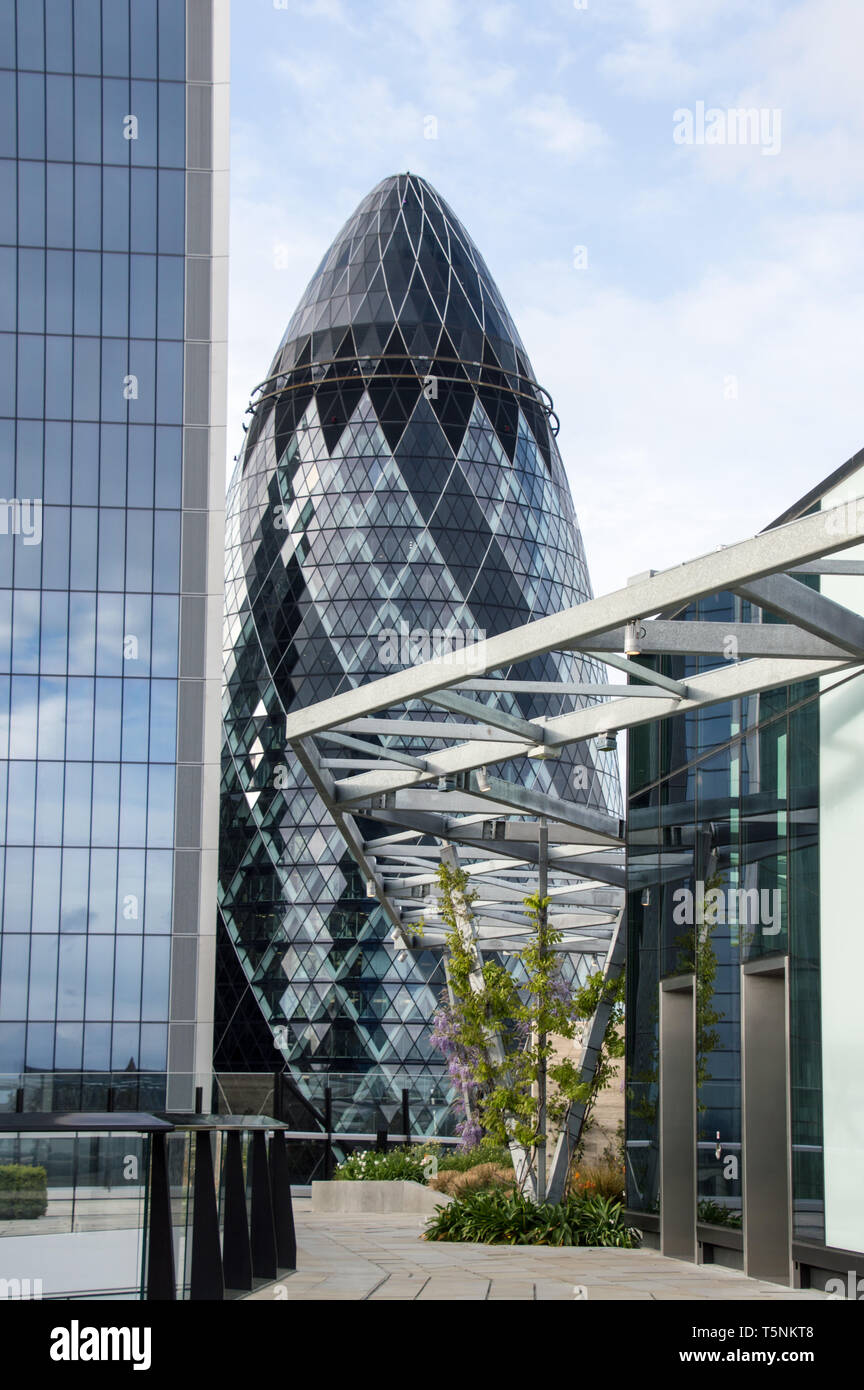 Fen court rooftop garden view facing towards the Gherkin tower in close ...