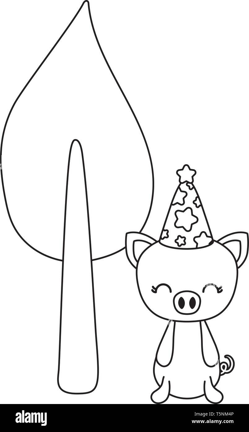 cute piggy with hat party and tree plant vector illustration design ...