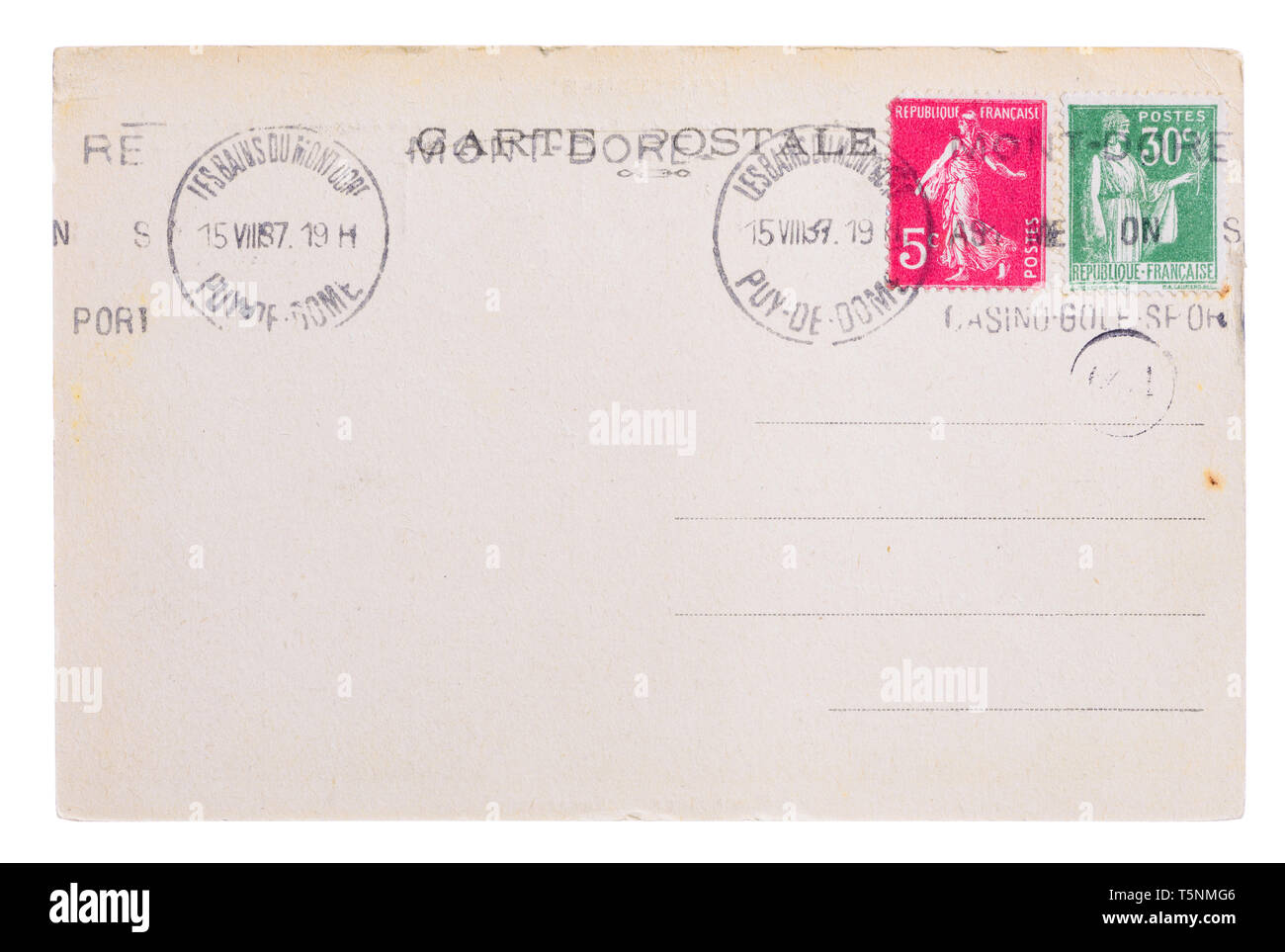 Vintage yellowed postcard back side, circa 1937, with old french post ...