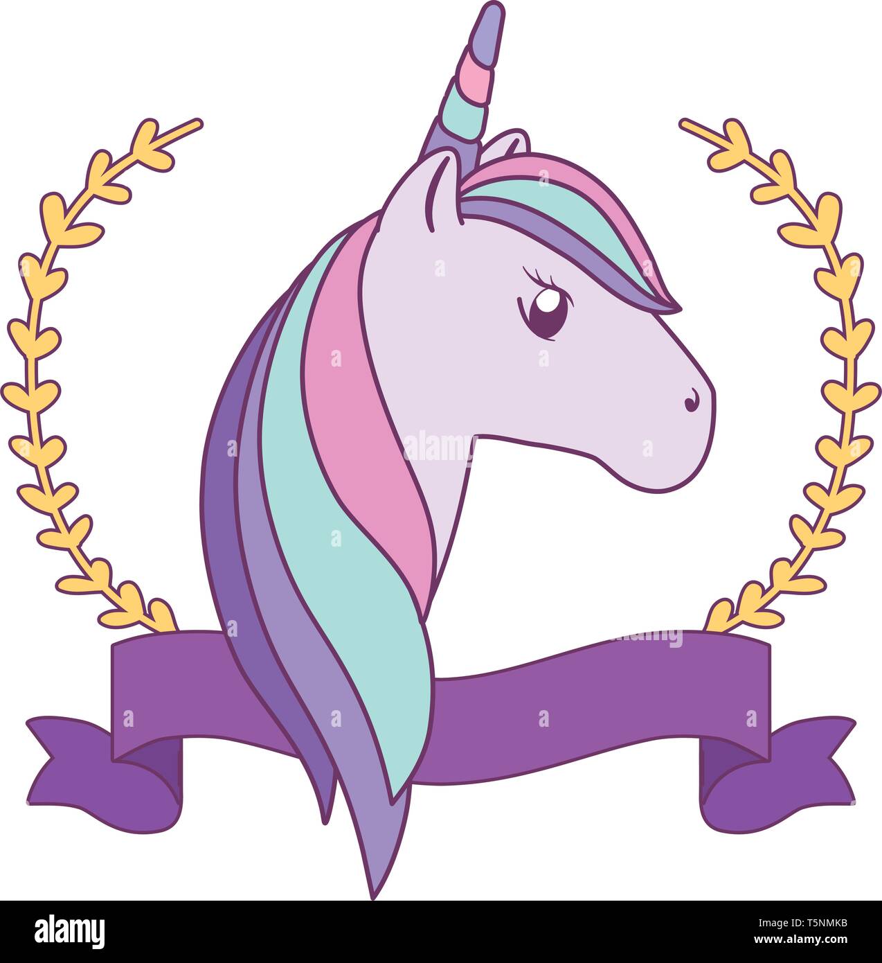 head of cute unicorn with ribbon and branches of leafs vector ...