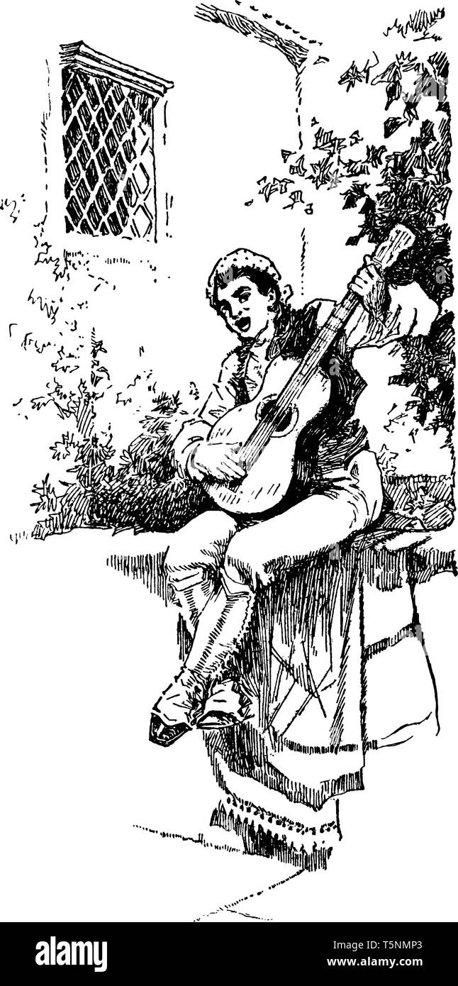 A man playing guitar, vintage line drawing or engraving illustration ...