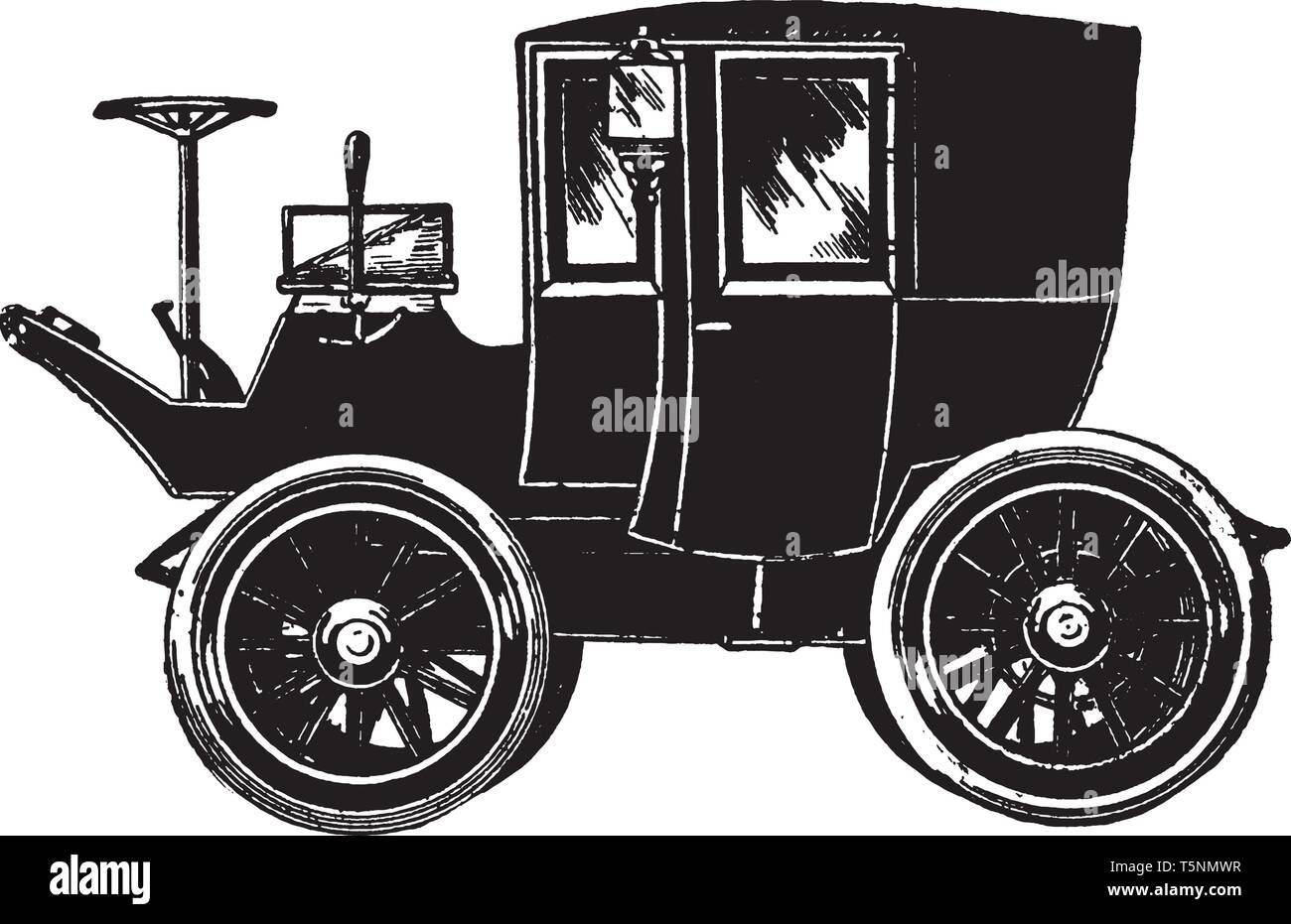 This illustration represents Electric cab, vintage line drawing or ...