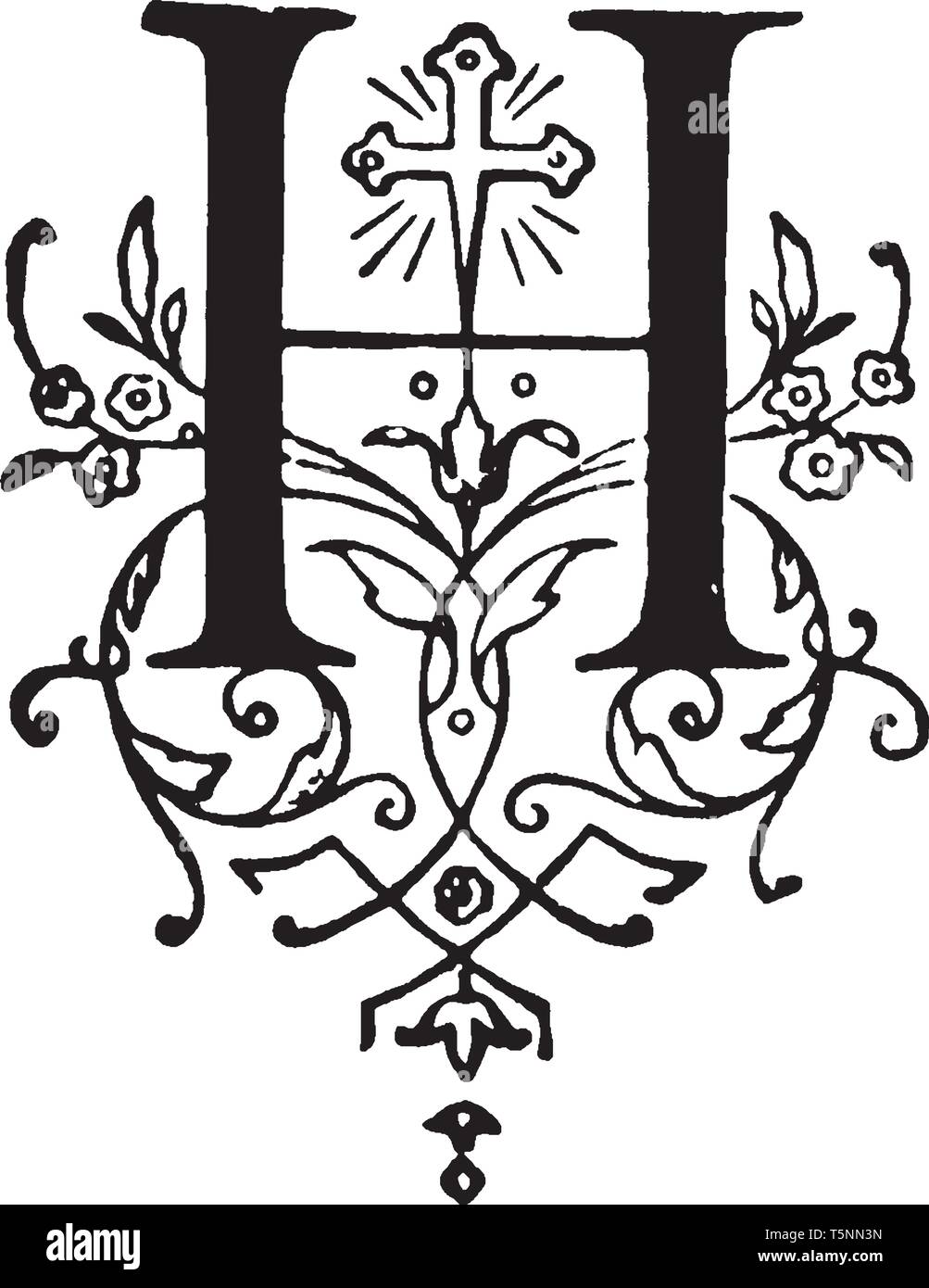 A decorative and floral capital letter H, vintage line drawing or ...