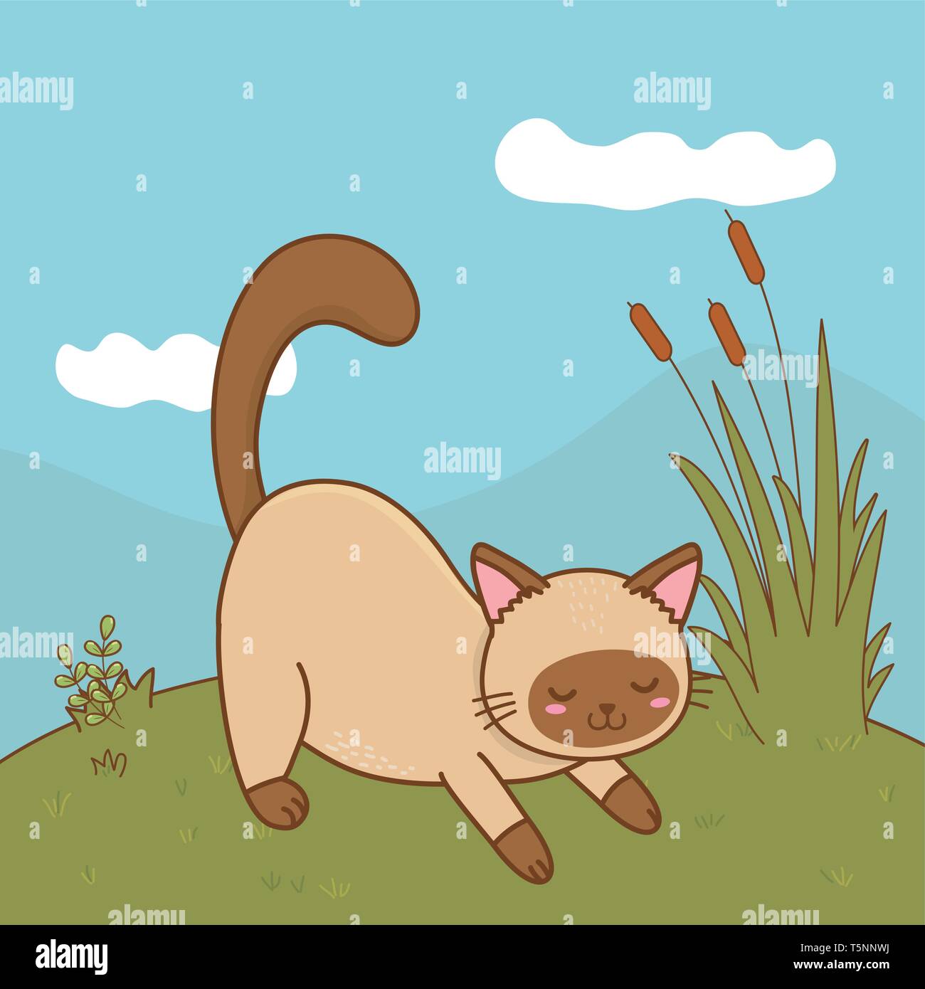 cute pet little animal cat outdoor scene cartoon vector illustration ...