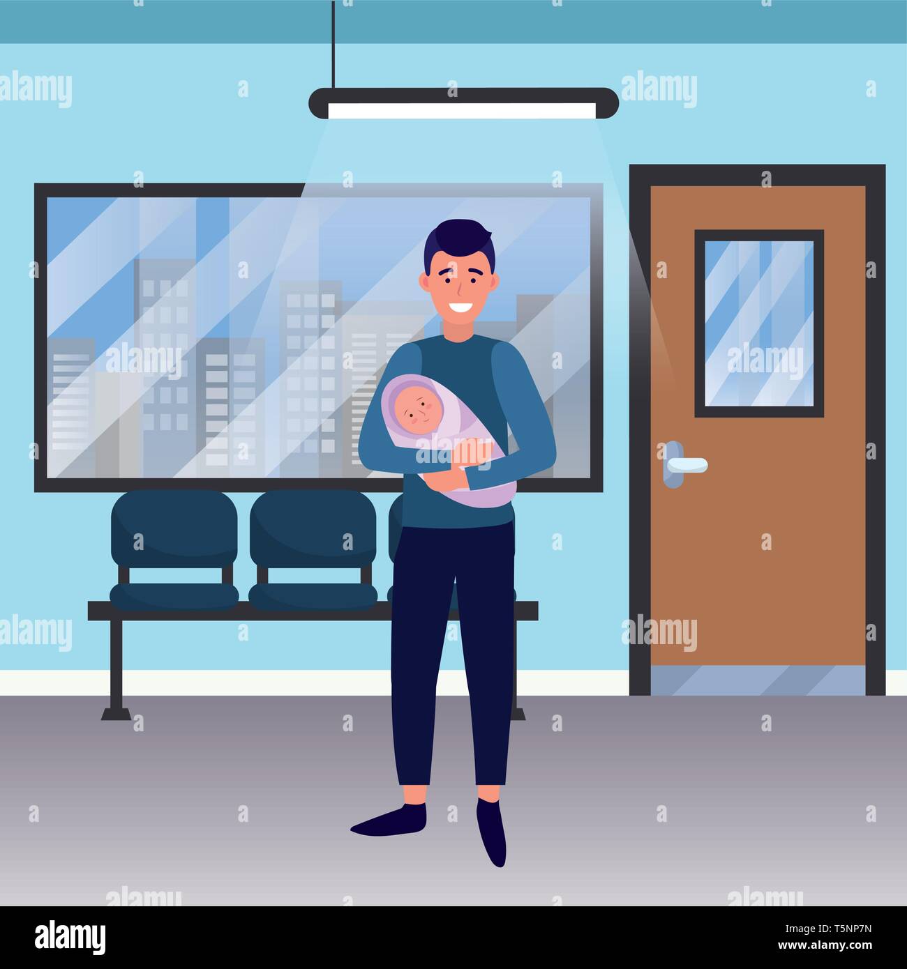 family baby care father man with baby at medical hospital room cartoon ...