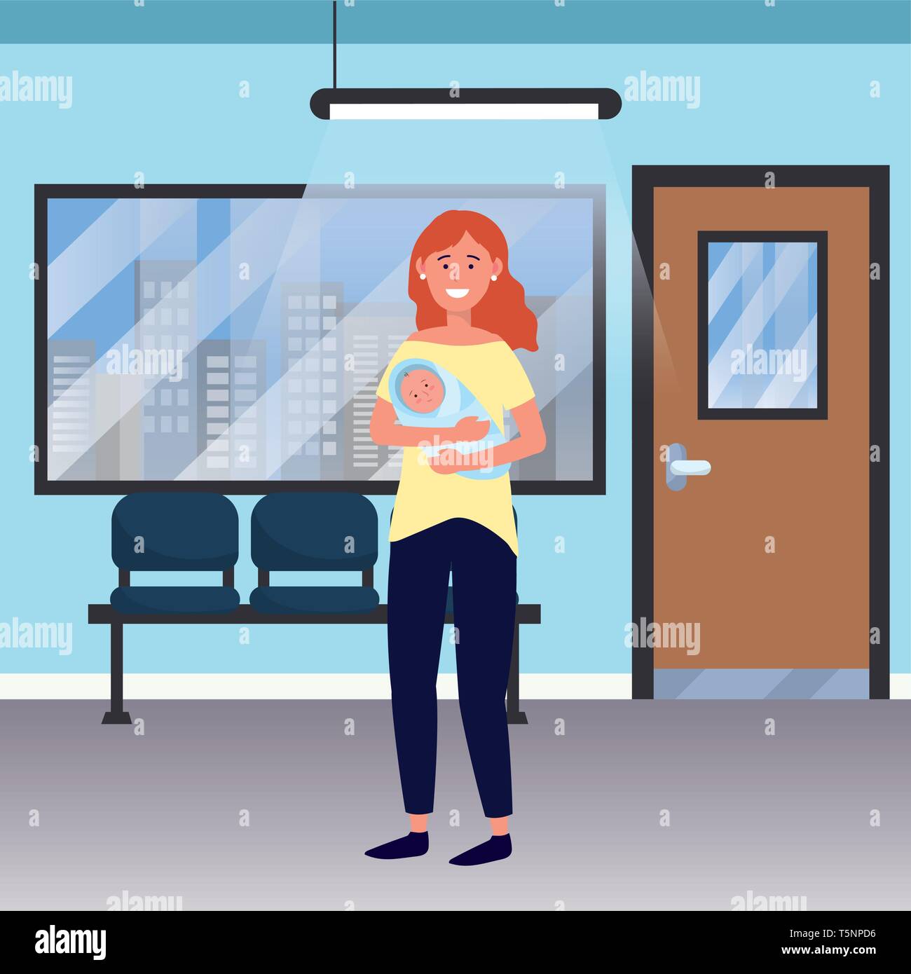 family baby care mom woman with baby at medical hospital room cartoon ...